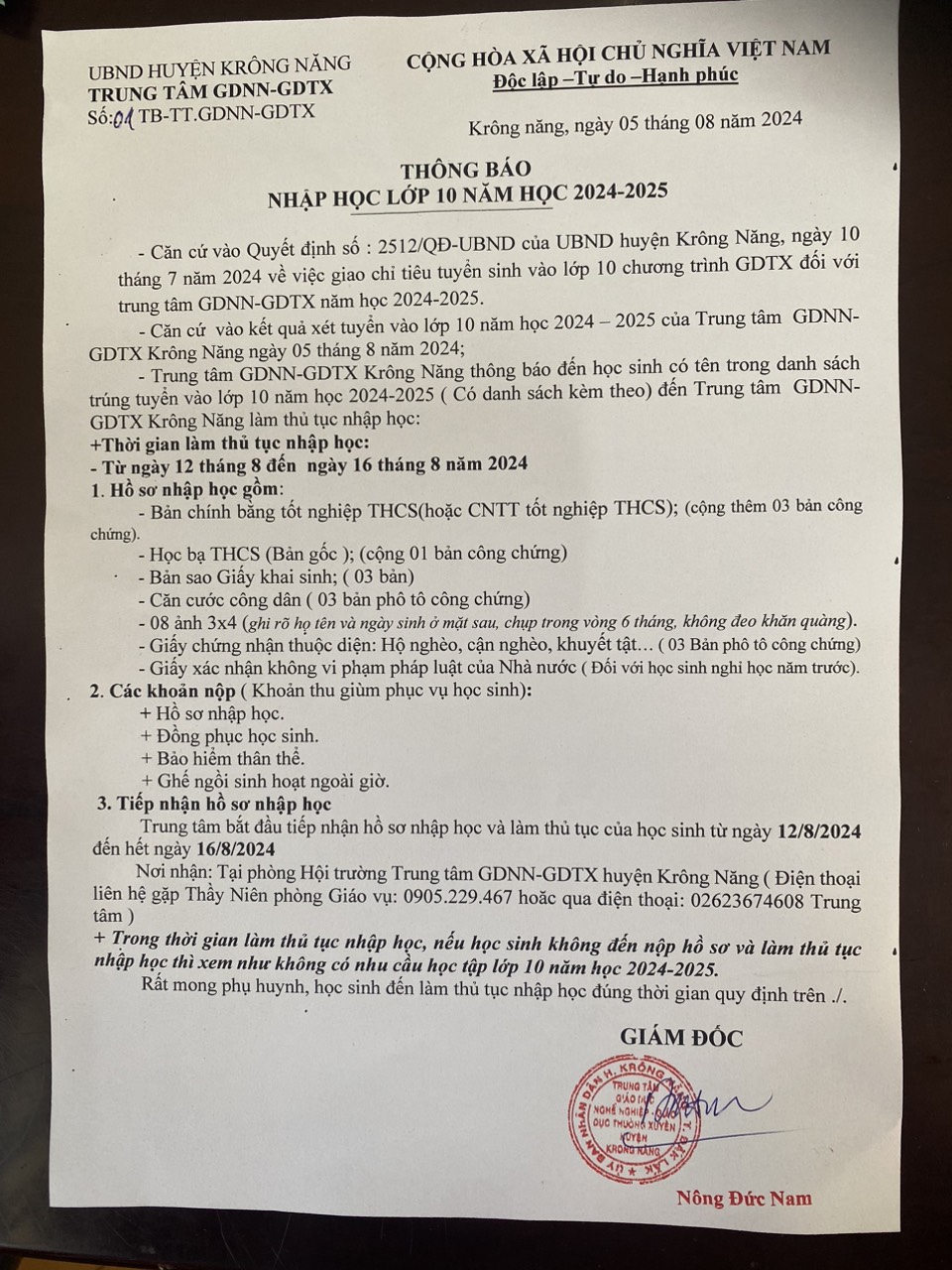 Thông báo TTGDTX năm học 2024-2025